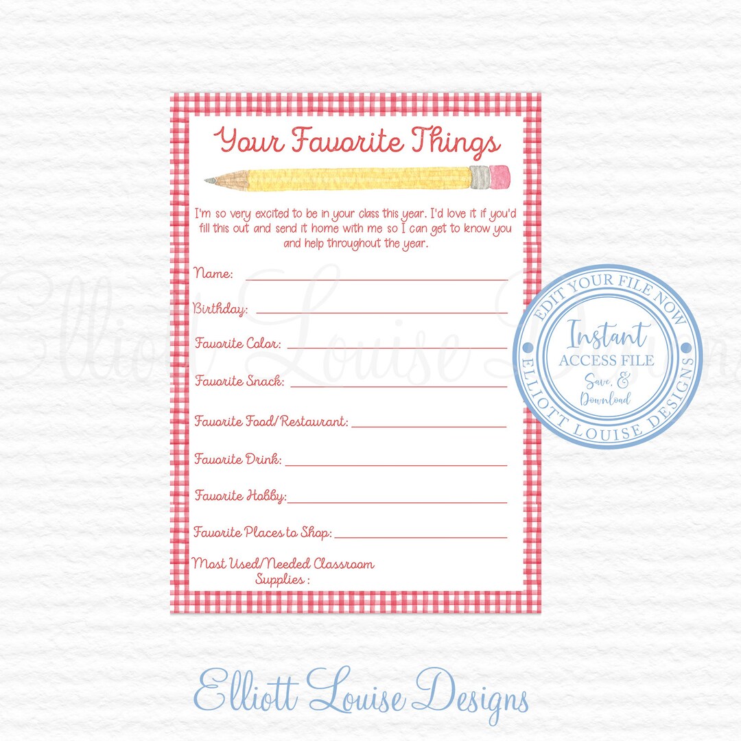 School Favorite Things , Back to School Questionnaire, Teacher Getting ...