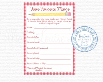 School Favorite Things , Back to School Questionnaire, Teacher Getting ...