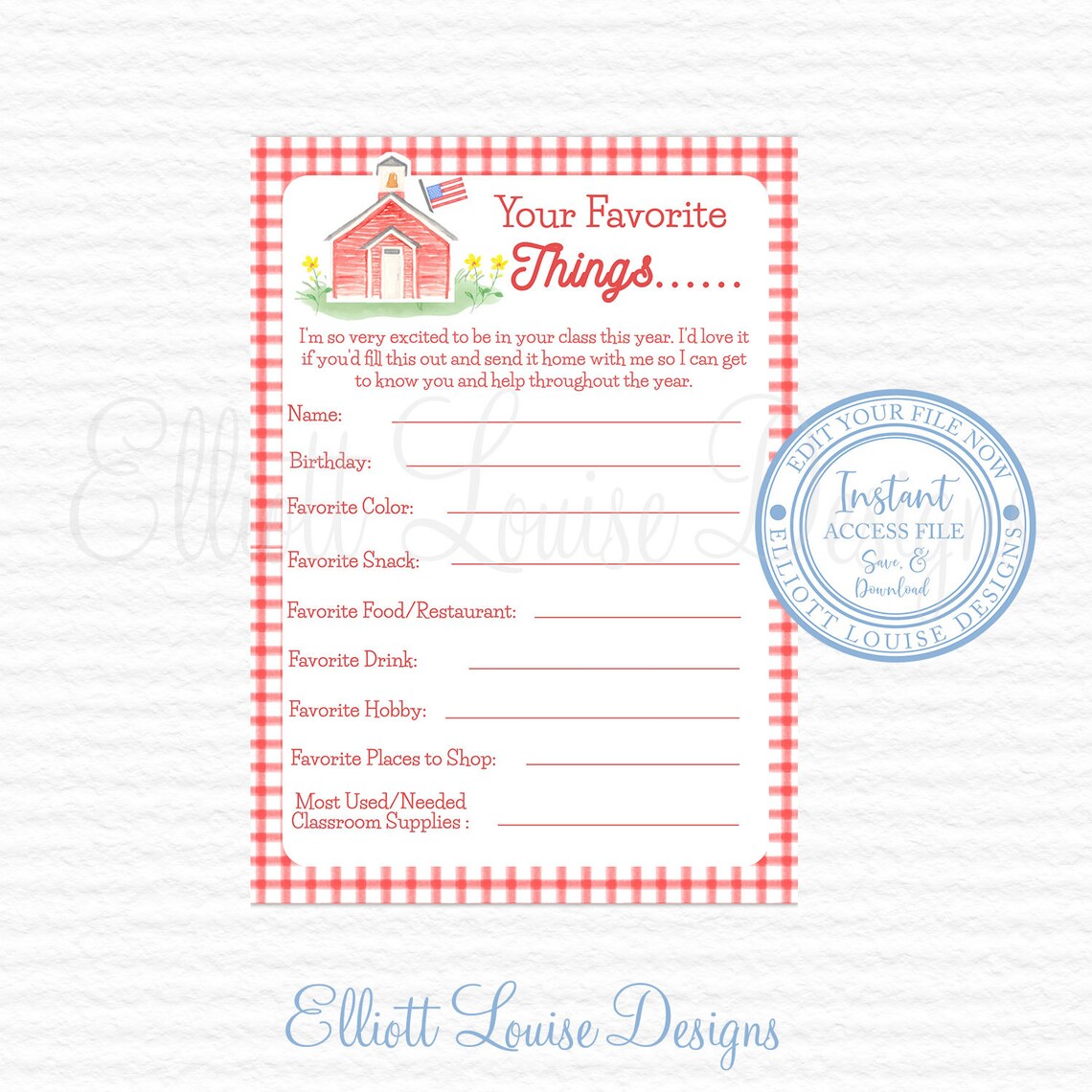 School Favorite Things Back to School Questionnaire Teacher - Etsy