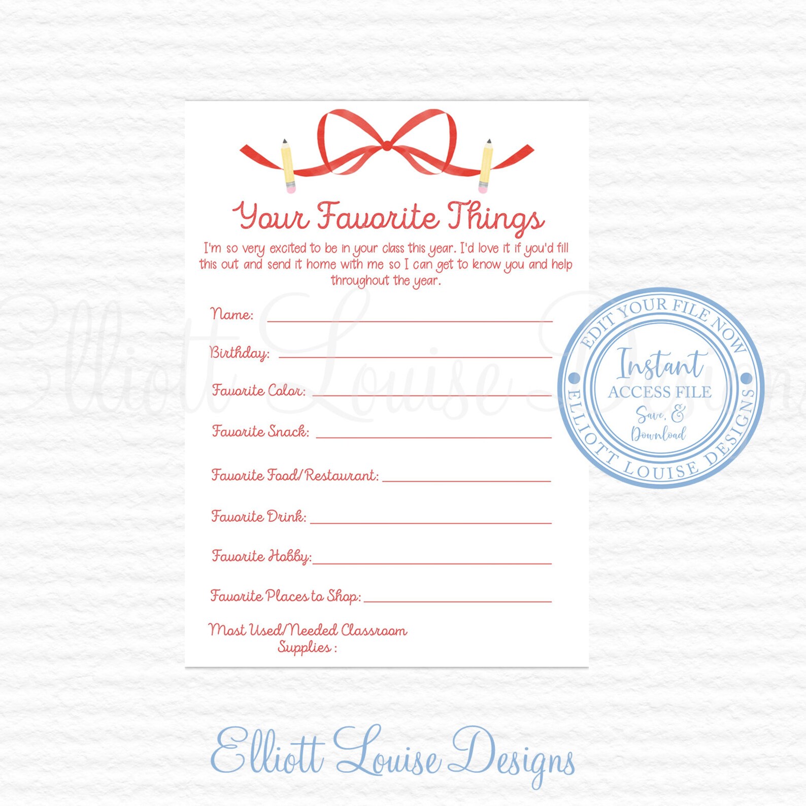 School Favorite Things Back to School Questionnaire Teacher - Etsy