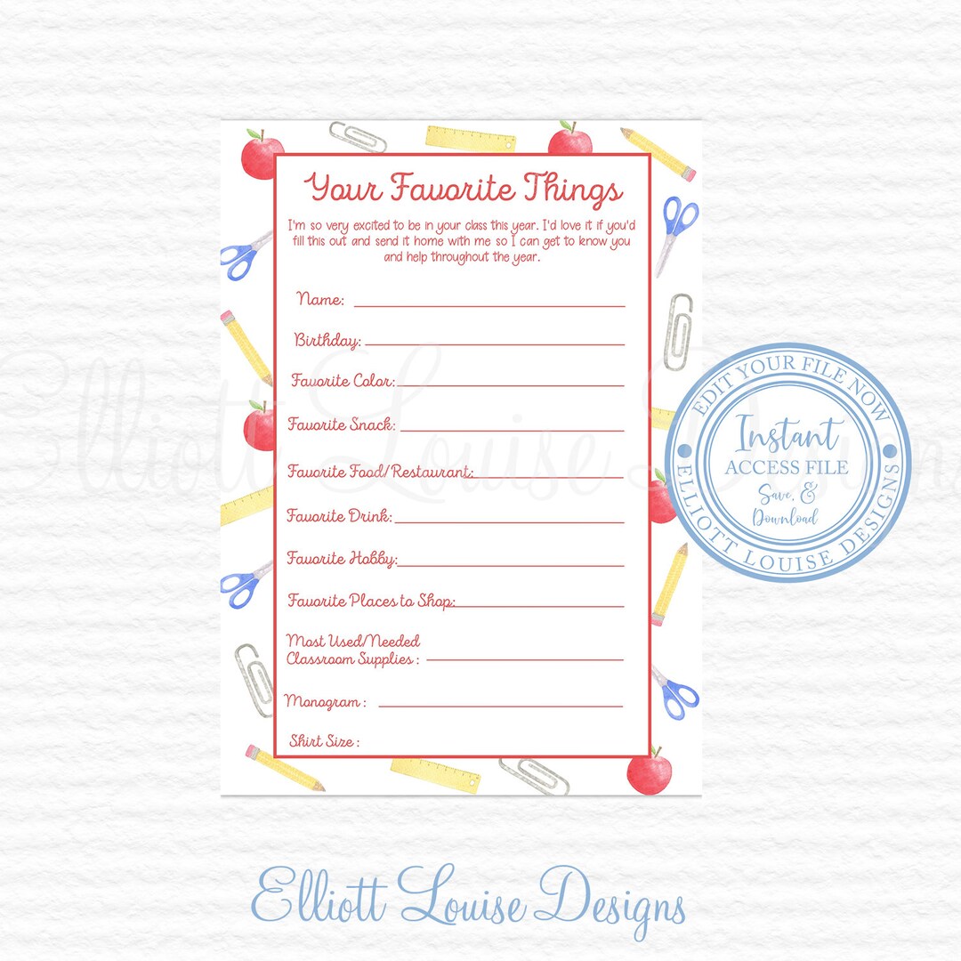 School Favorite Things , Back to School Questionnaire, Teacher Getting ...