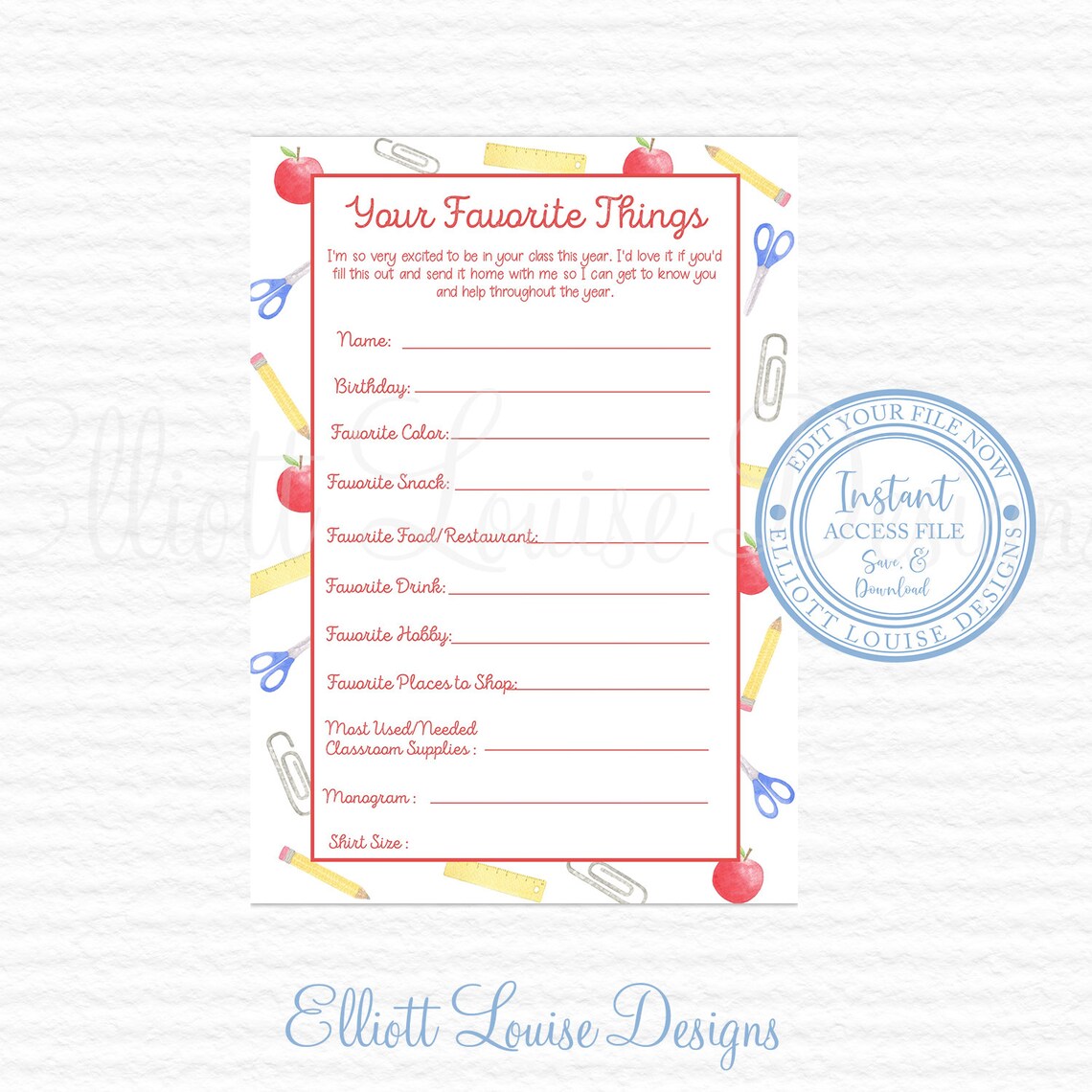 School Favorite Things Back to School Questionnaire Teacher - Etsy