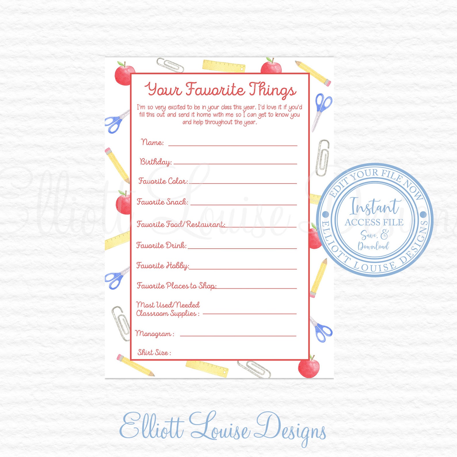 School Favorite Things Back to School Questionnaire Teacher - Etsy