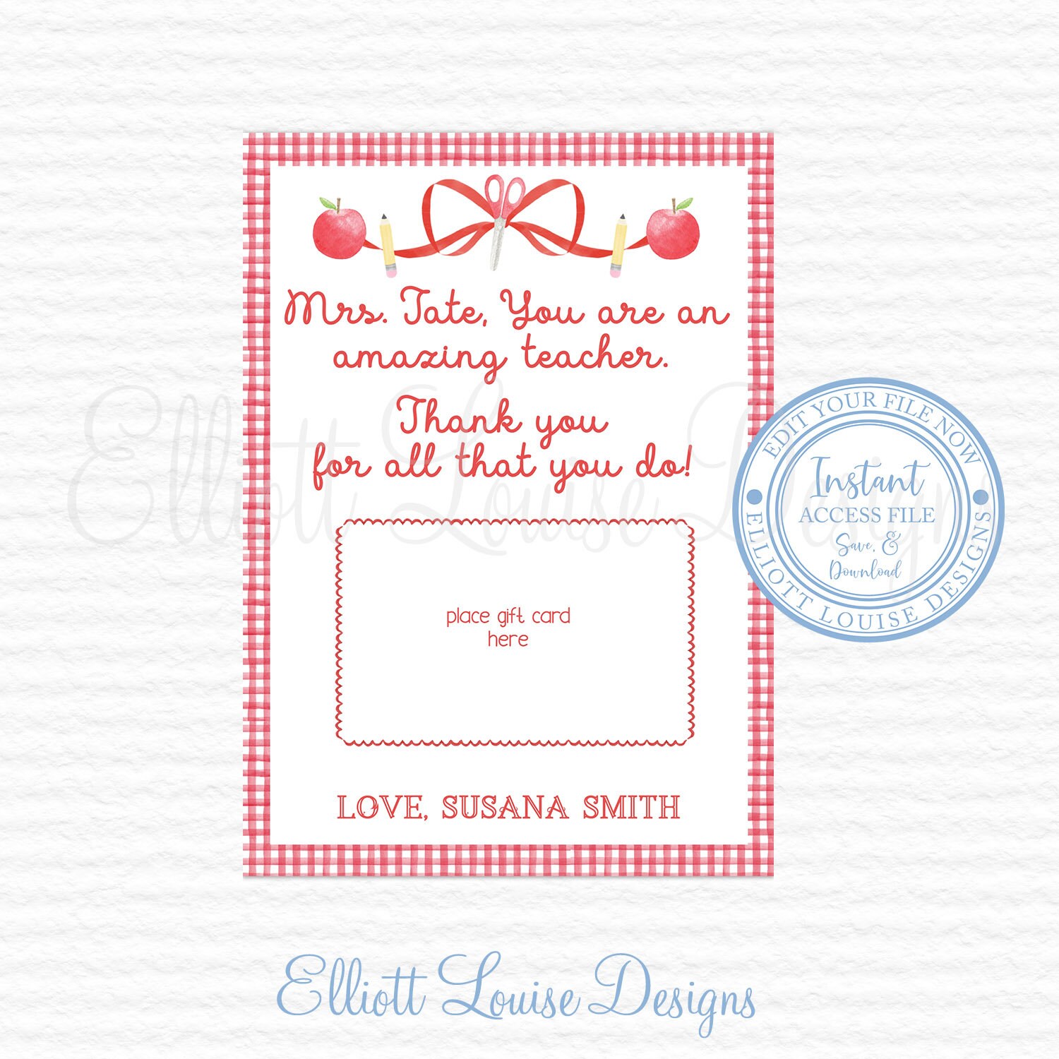 EDITABLE Teacher Gift Card Holder End of School Teacher Gift | Etsy