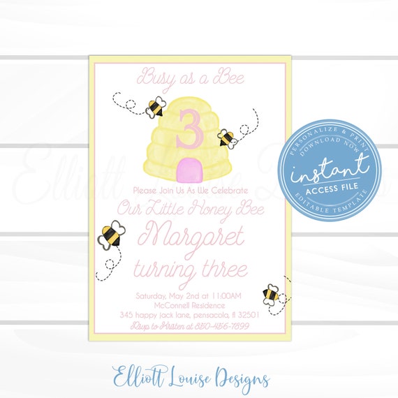 Girl Birthday Invitation Girl Busy as A Bee Invite Editable | Etsy