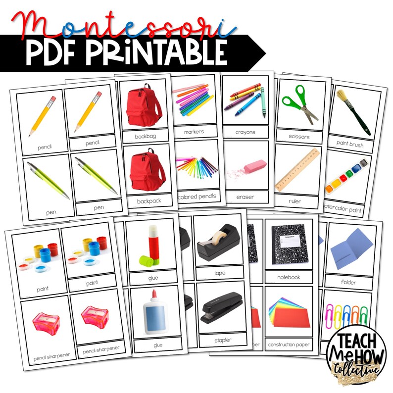 School Supplies Flashcards, Montessori 3-part Cards (digital Download ...