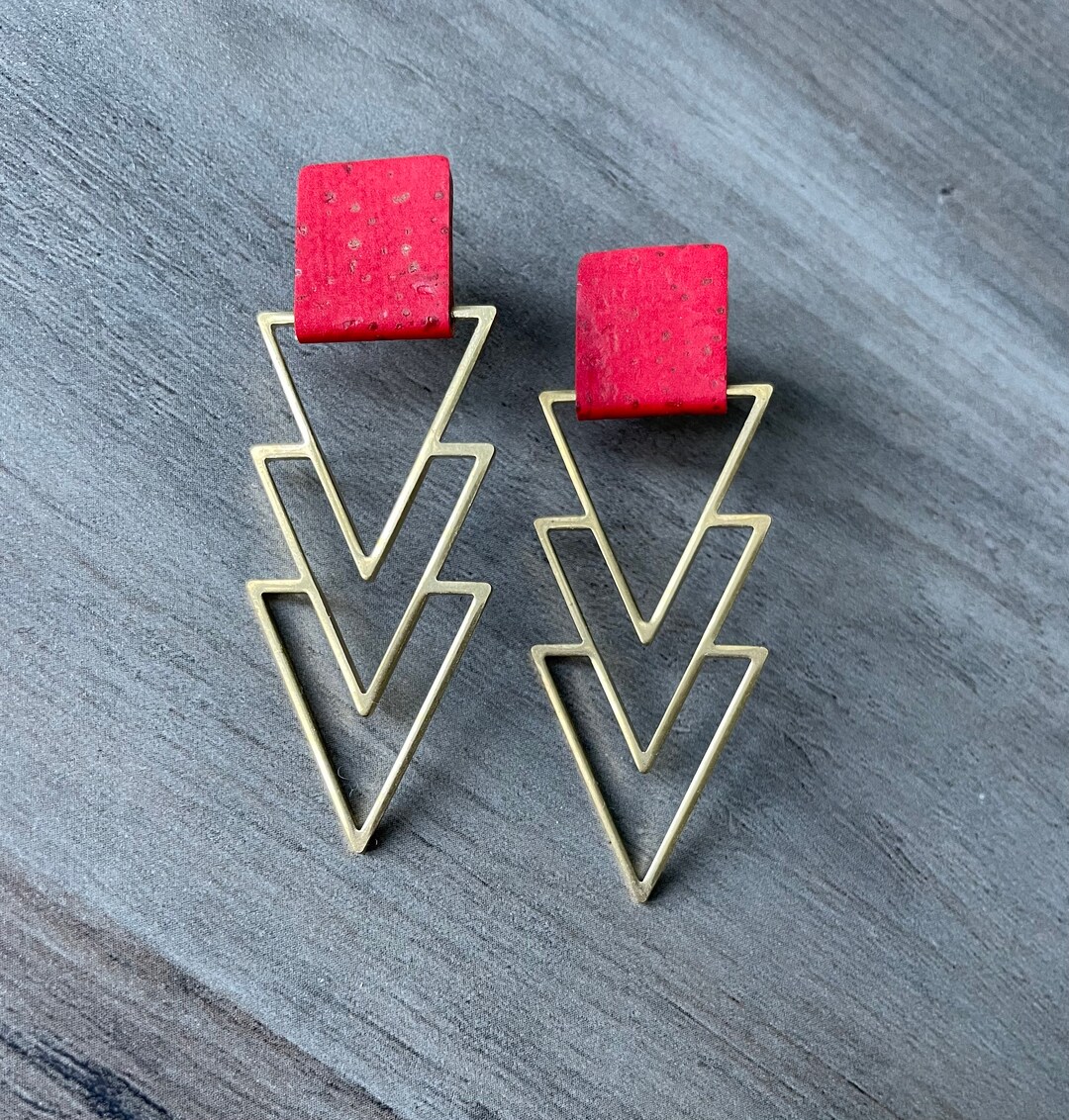 Cork Metal Triangle Earrings - the Amanda Earring - Red Cork, Brass ...