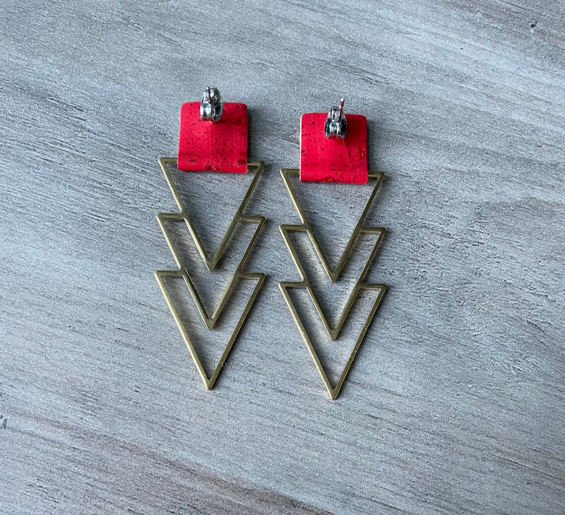 Cork Metal Triangle Earrings the Amanda Earring Red Cork - Etsy