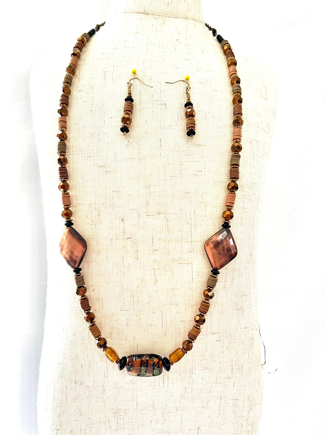 Brown & Black Stone With Copper Accents Necklace With Matching Earrings ...