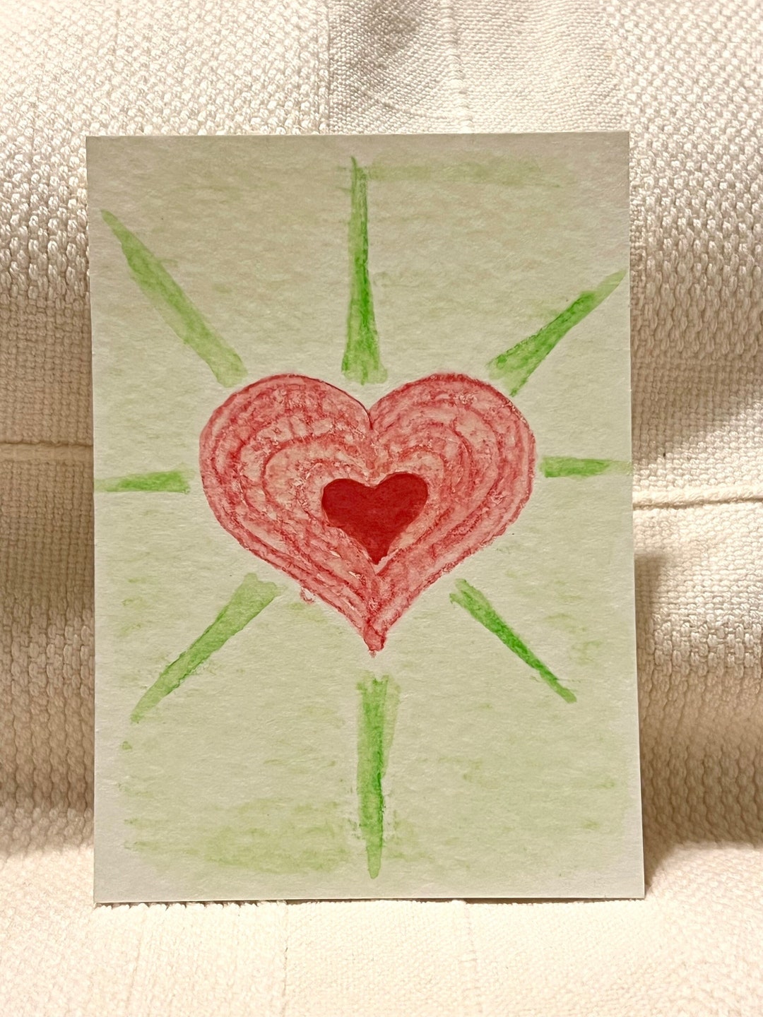 Watercolor Pencil Heart Drawing Radiant Red Heart Green Rays - Etsy