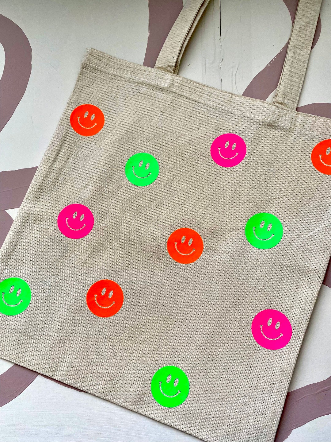 Neon Smiley Face Canvas Tote Bag | 100% Recycled Cotton Tote Bag ...