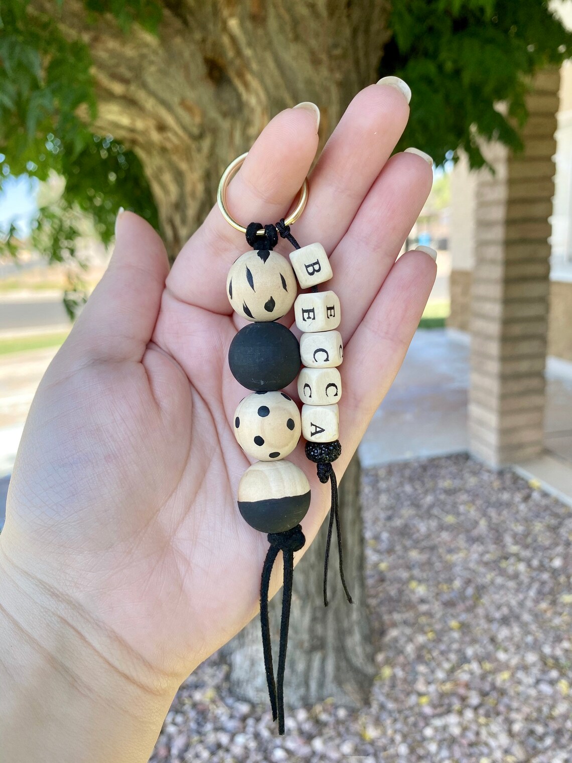 Handmade and Hand Painted Personalized Wooden Bead Keychain With Name ...