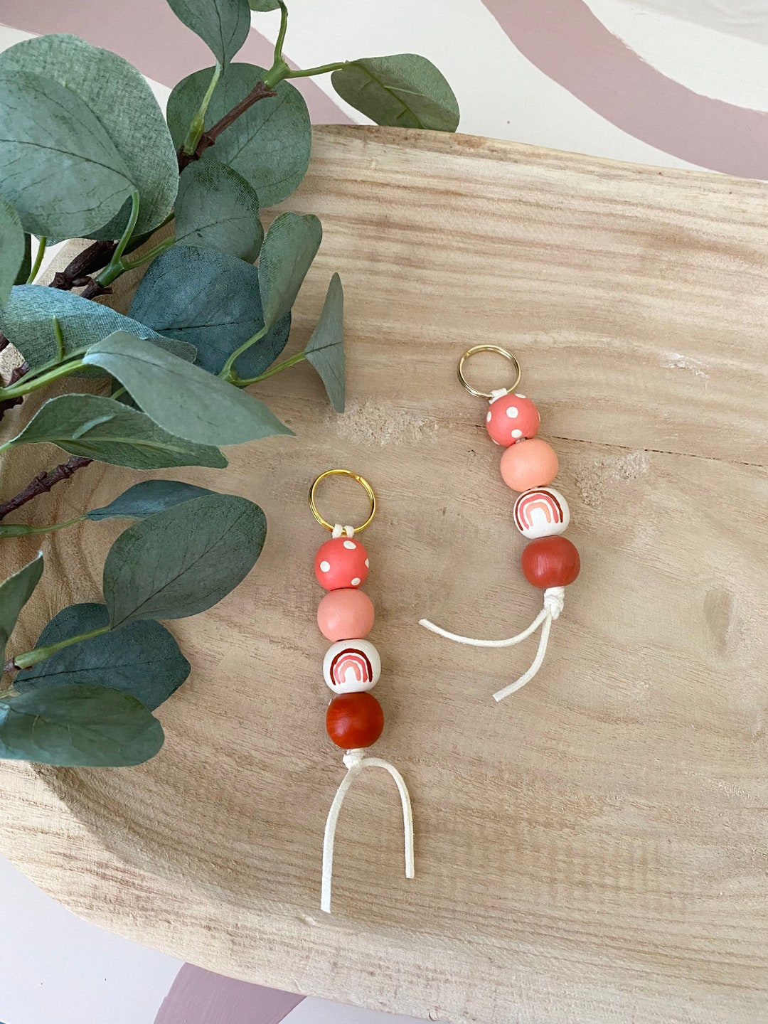 Handmade and Hand Painted Wooden Bead Keychain | ‘warm Rainbows ...
