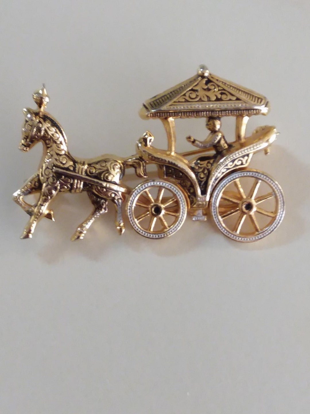 Vintage Damascene Style Gold and Black Horse and Carriage Pin. 2'' Long ...
