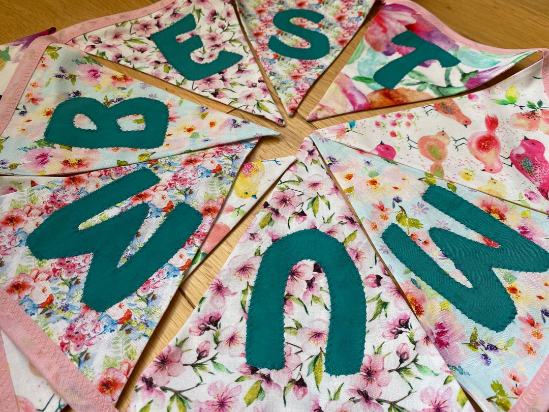 Best Mum Mother's Day Pastel Floral Birds Cotton Fabric Bunting Large ...
