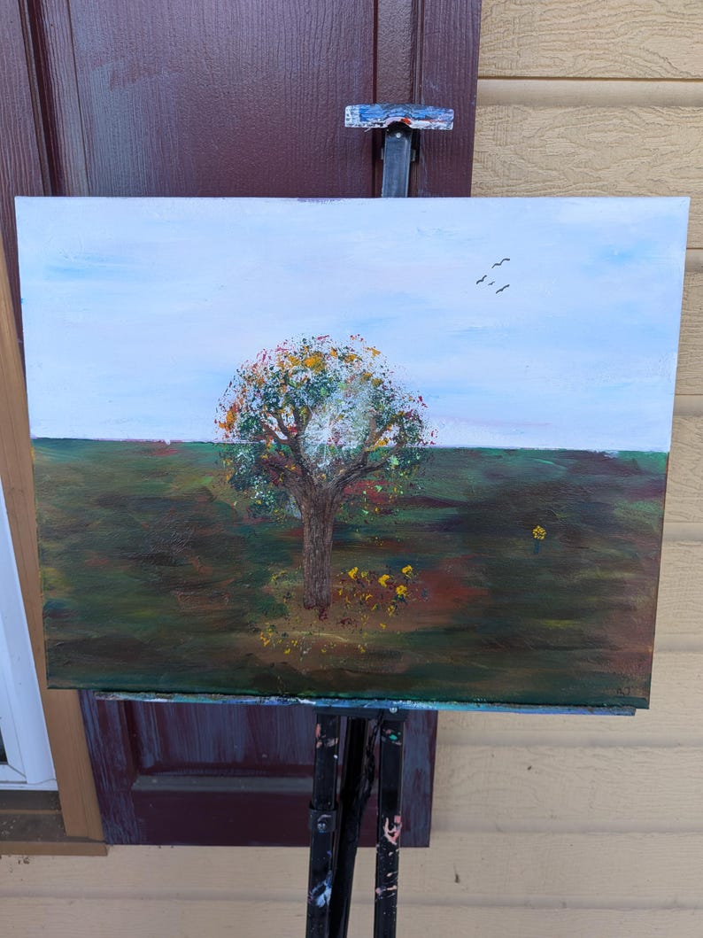 Solitary Tree Painting: Sunlit Landscape Art, Blue Sky Nature Print - Etsy