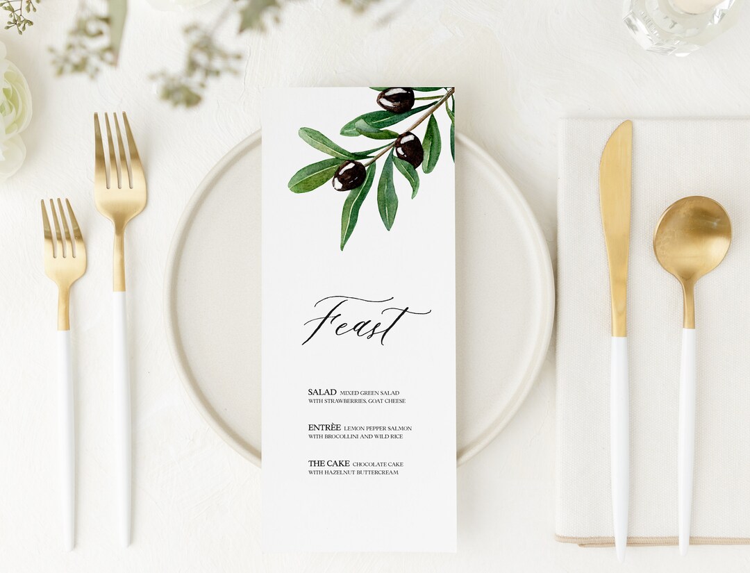 Watercolor Olive Branch Menu, Custom Wedding Stationery, Mediterranean ...