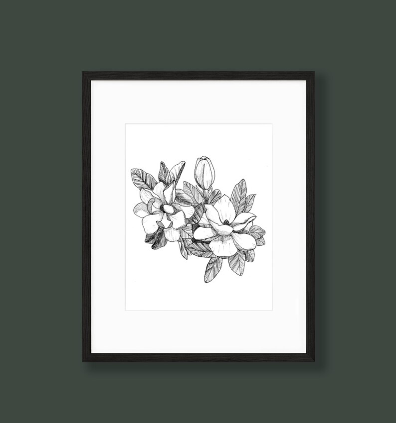 Magnolia Ink Drawing Floral Ink Drawing Botanical Wall Art | Etsy