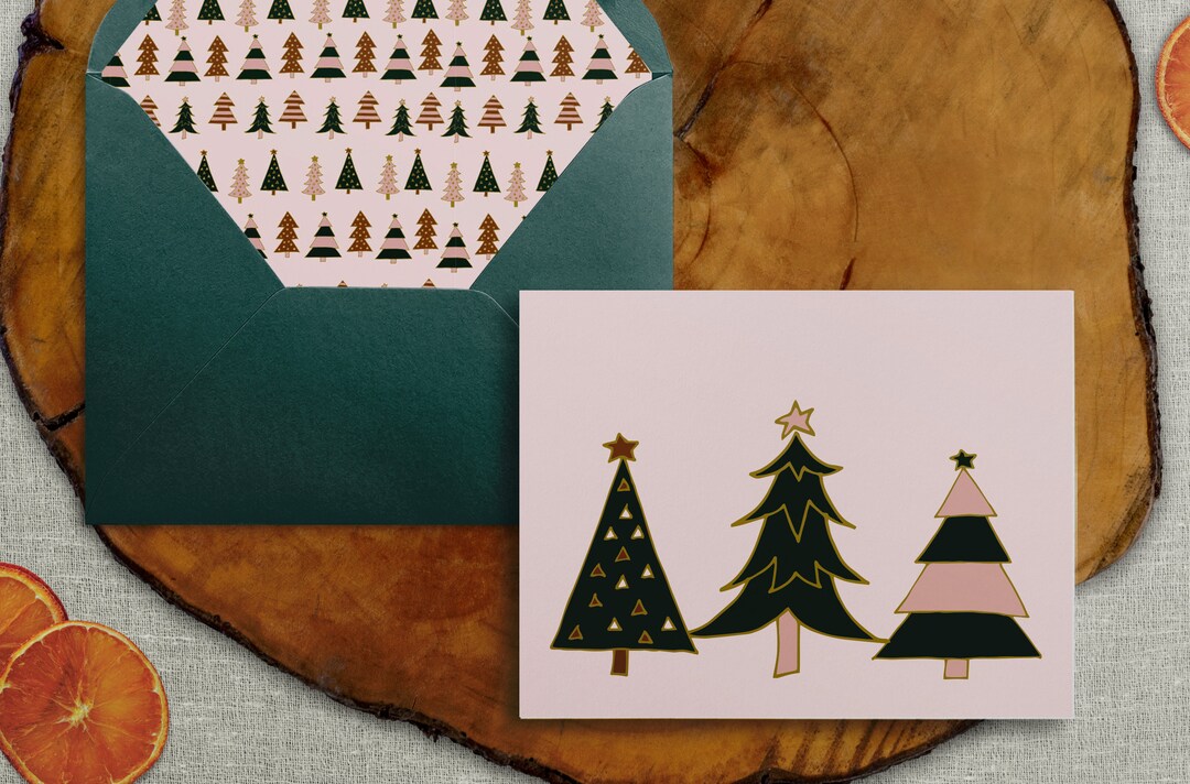 Printable Pink Tree Christmas Cards Christmas Tree Holiday - Etsy