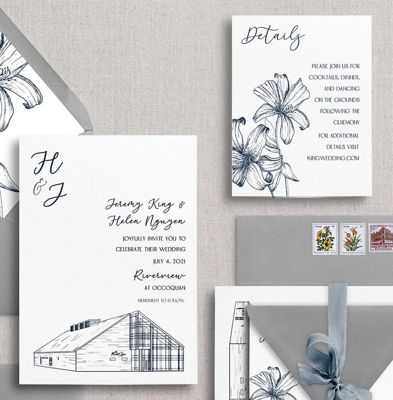 Hand-drawn Venue Wedding Invitation Suite, 6 Piece Suite, Custom ...
