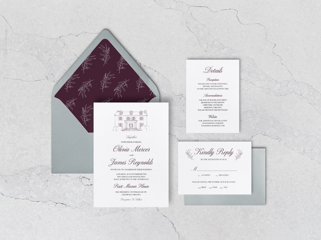 Custom Venue Drawing Wedding Invitations, 6 Piece Suite, Venue ...