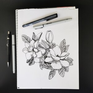 Magnolia Ink Drawing Floral Ink Drawing Botanical Wall Art | Etsy