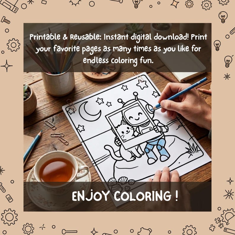 Cozy Easy Coffee Cafe Coloring Pages With Robot and Cat, 20 Digital ...