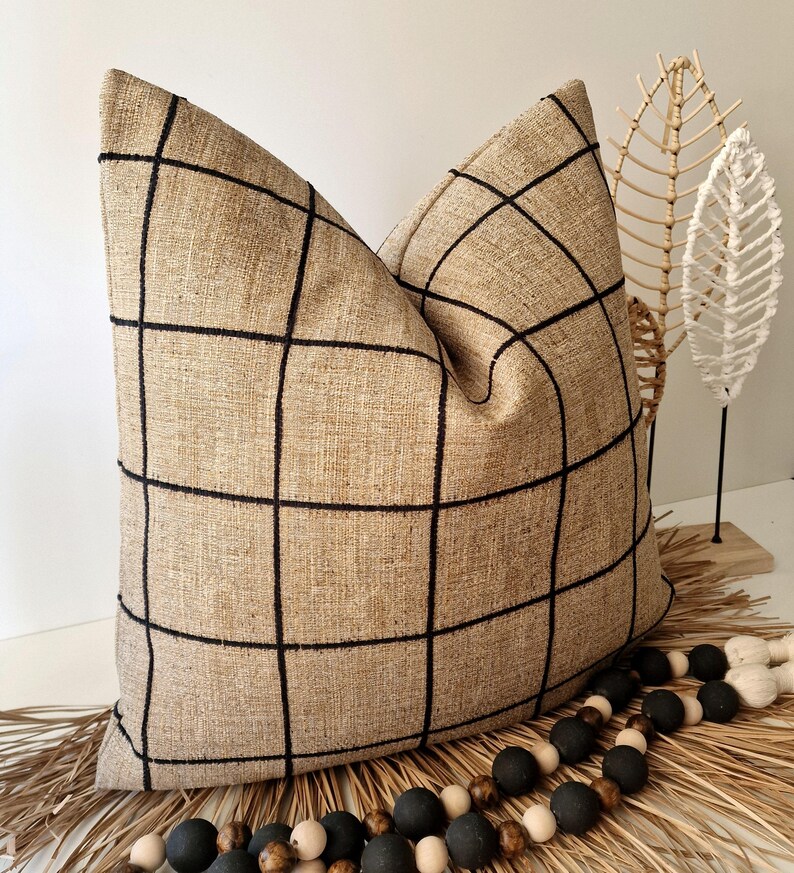 Tan Windowpane Pillow Cover: Black Beige Plaid, Farmhouse Cushion - Etsy