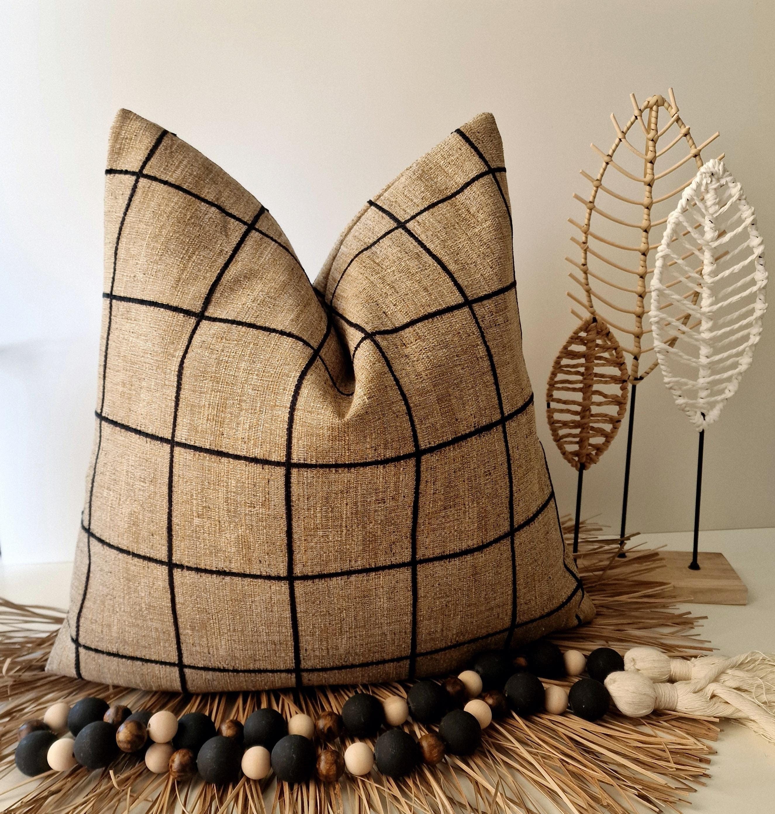 Tan Windowpane Pillow Cover: Black Beige Plaid, Farmhouse Cushion - Etsy
