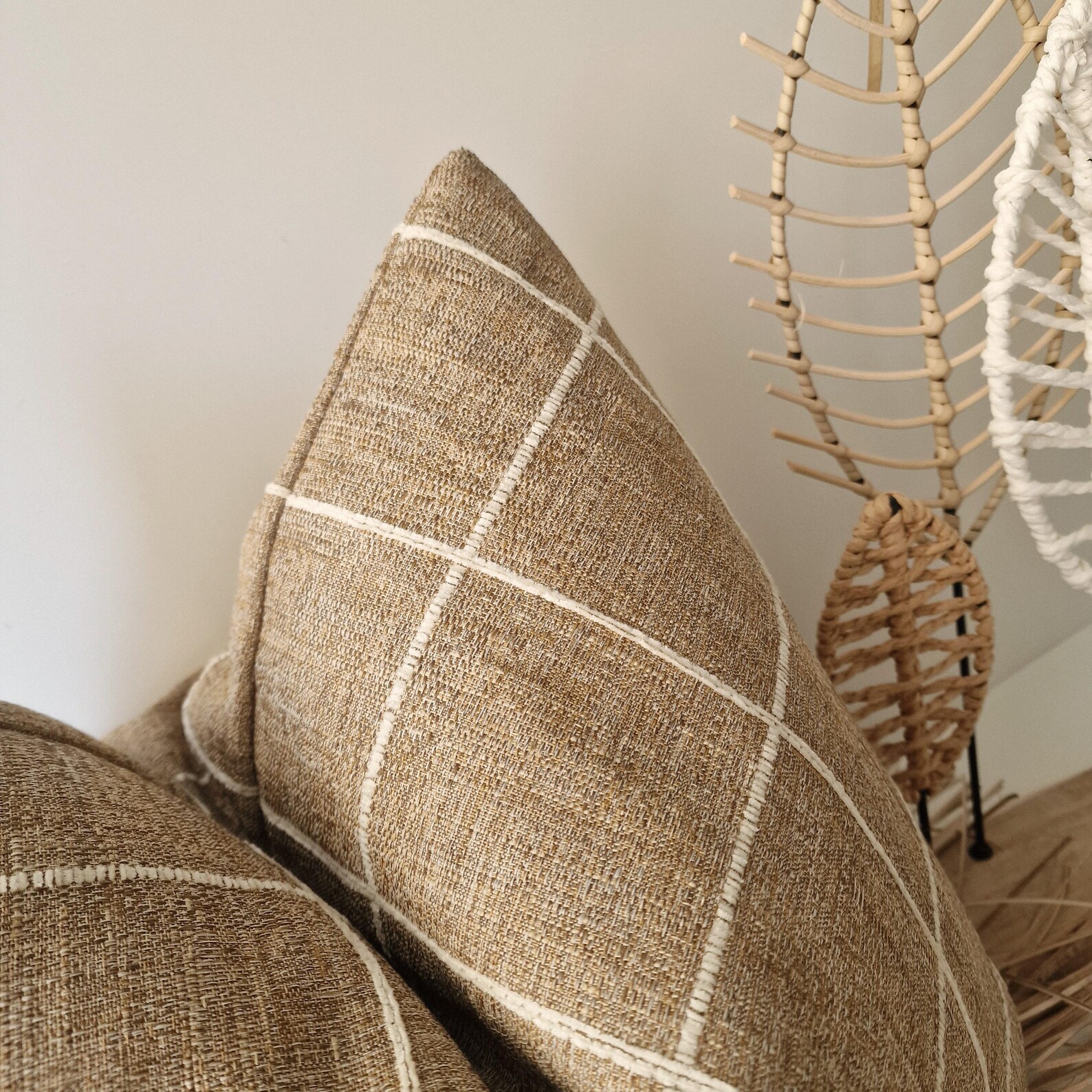 Windowpane Beige Ivory Pillow Cover, Tan Plaid Cushion, Linen and ...