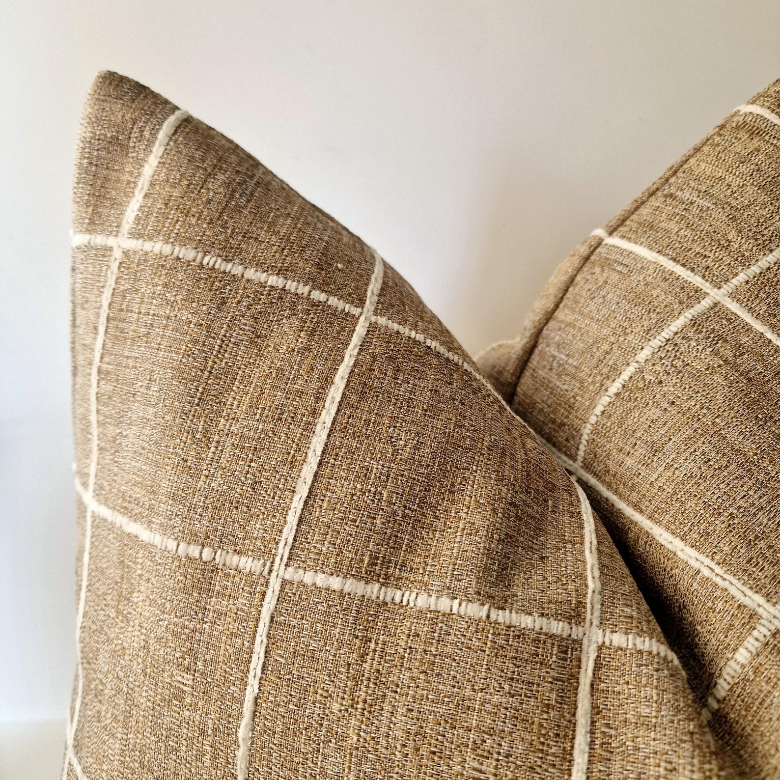 Windowpane Beige Ivory Pillow Cover, Tan Plaid Cushion, Linen and ...
