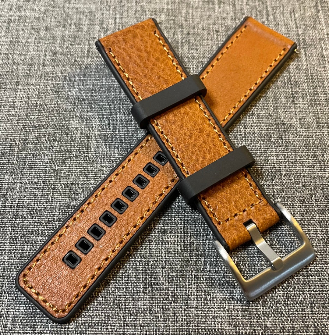 Leather Rubber Hybrid Sports Watch Strap / Brown & Black / 316 Steel 20 ...