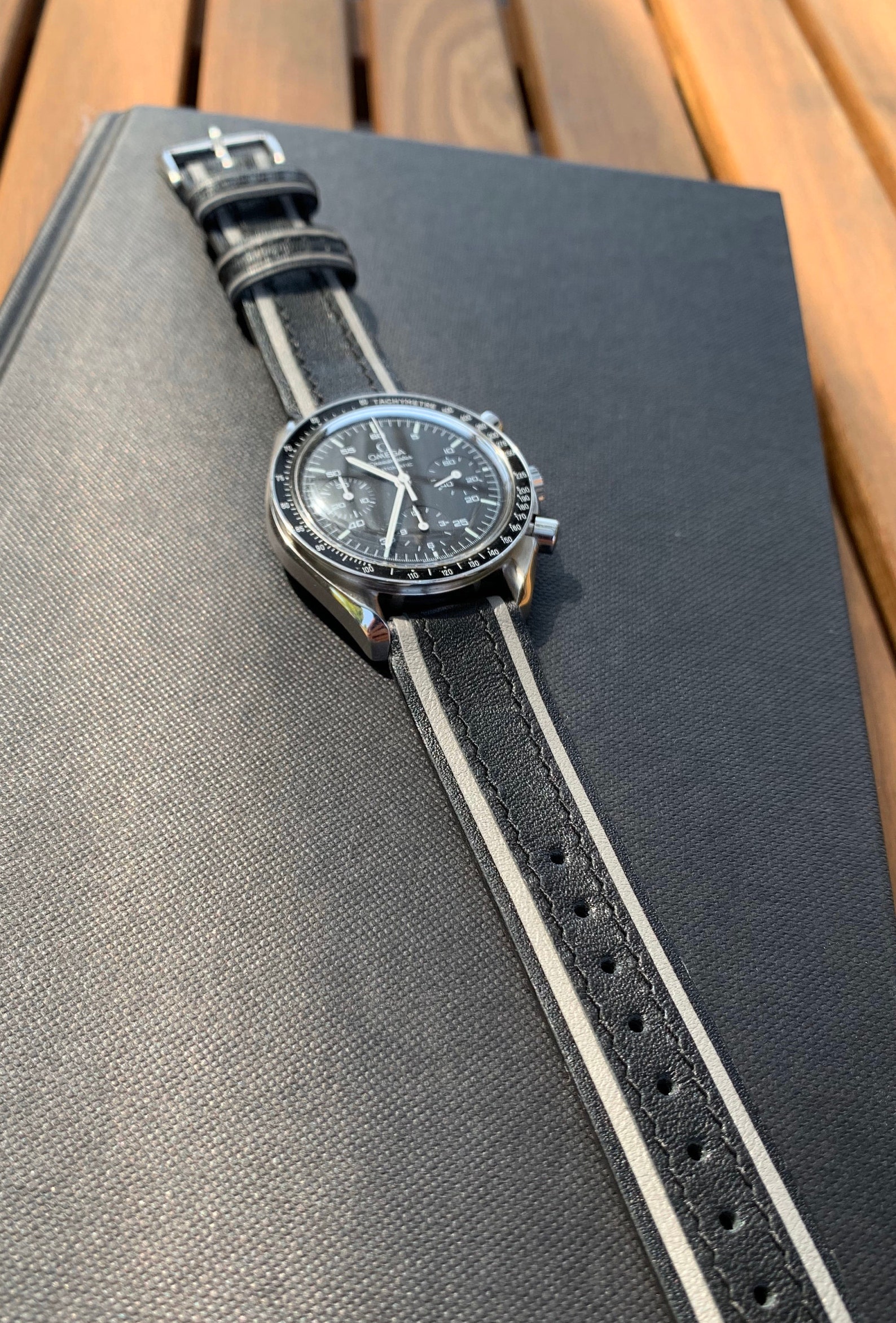 Premium Leather Rally Watch Strap / Black Tri-colour / Stainless Steel ...