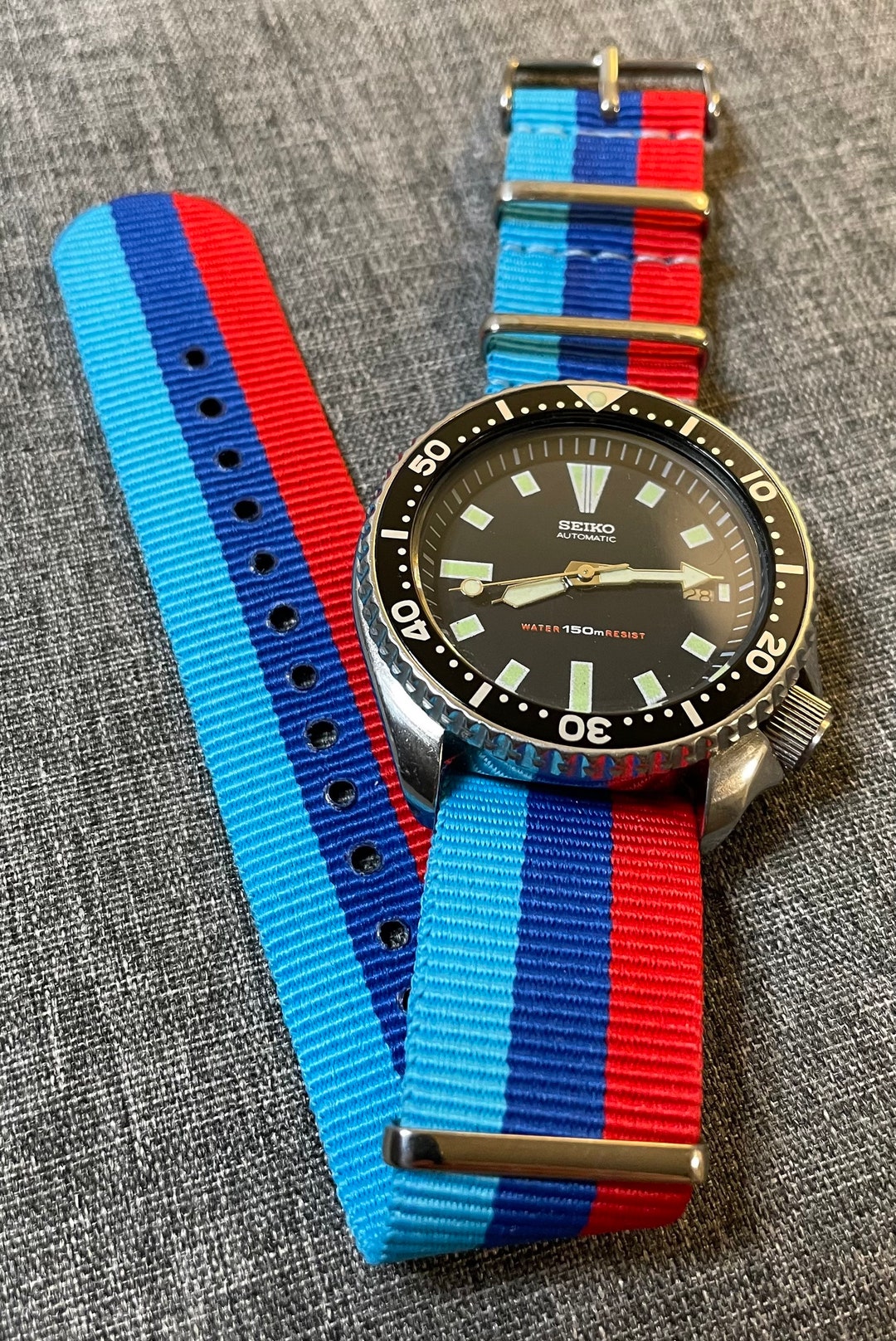 Basic Nylon Military Loop Watch Strap / Sky Blue Navy Red Stripe 20mm ...