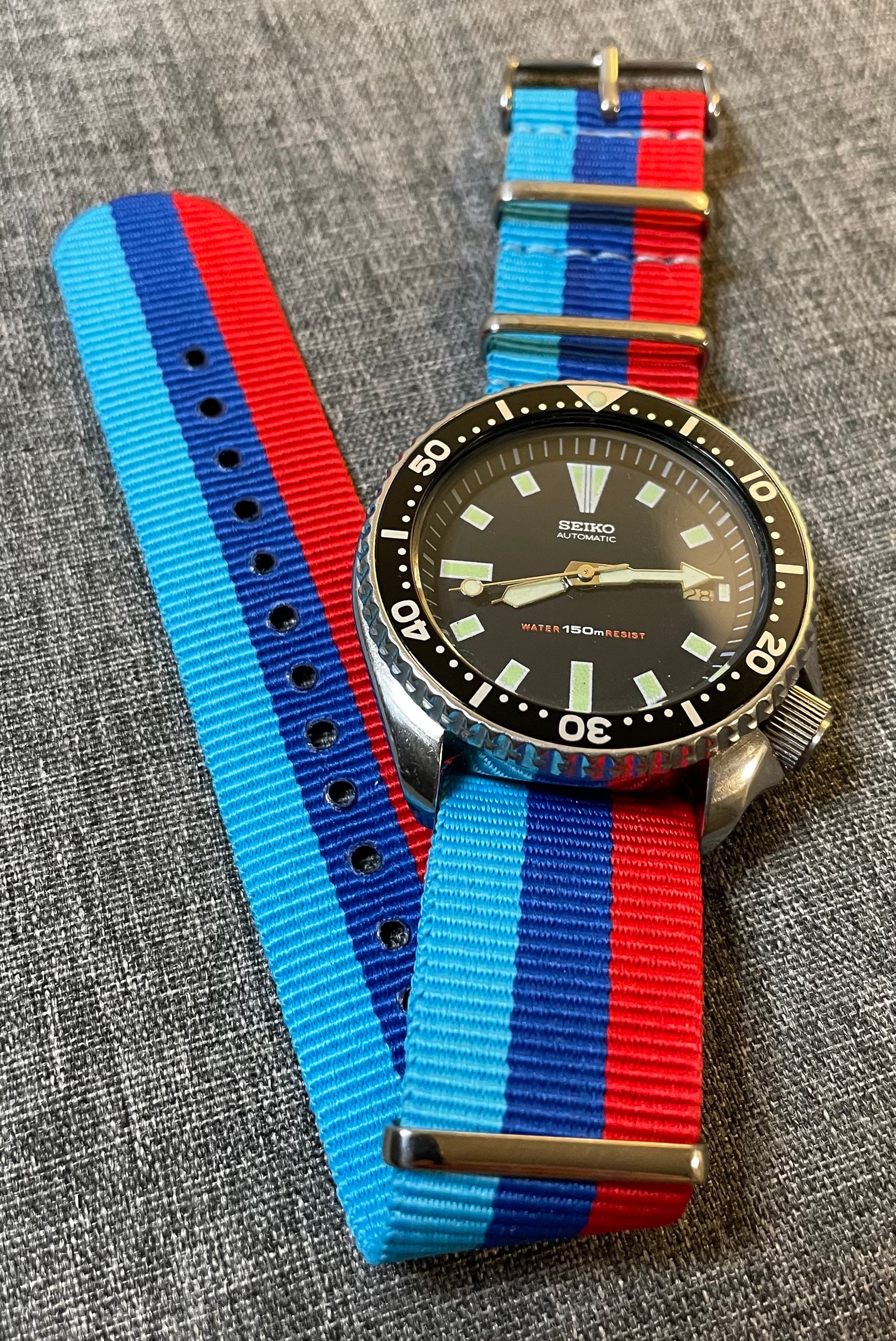 Basic Nylon Military Loop Watch Strap / Sky Blue Navy Red Stripe 20mm ...