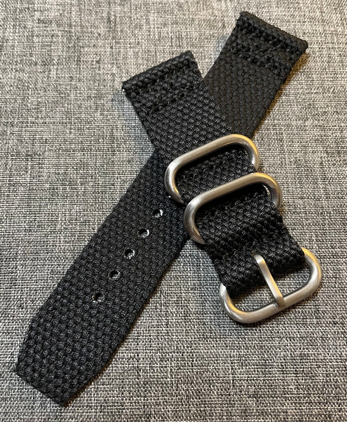 Premium Hemp Cotton Blend / 2 Piece Watch Strap / Black / Stainless 20 ...