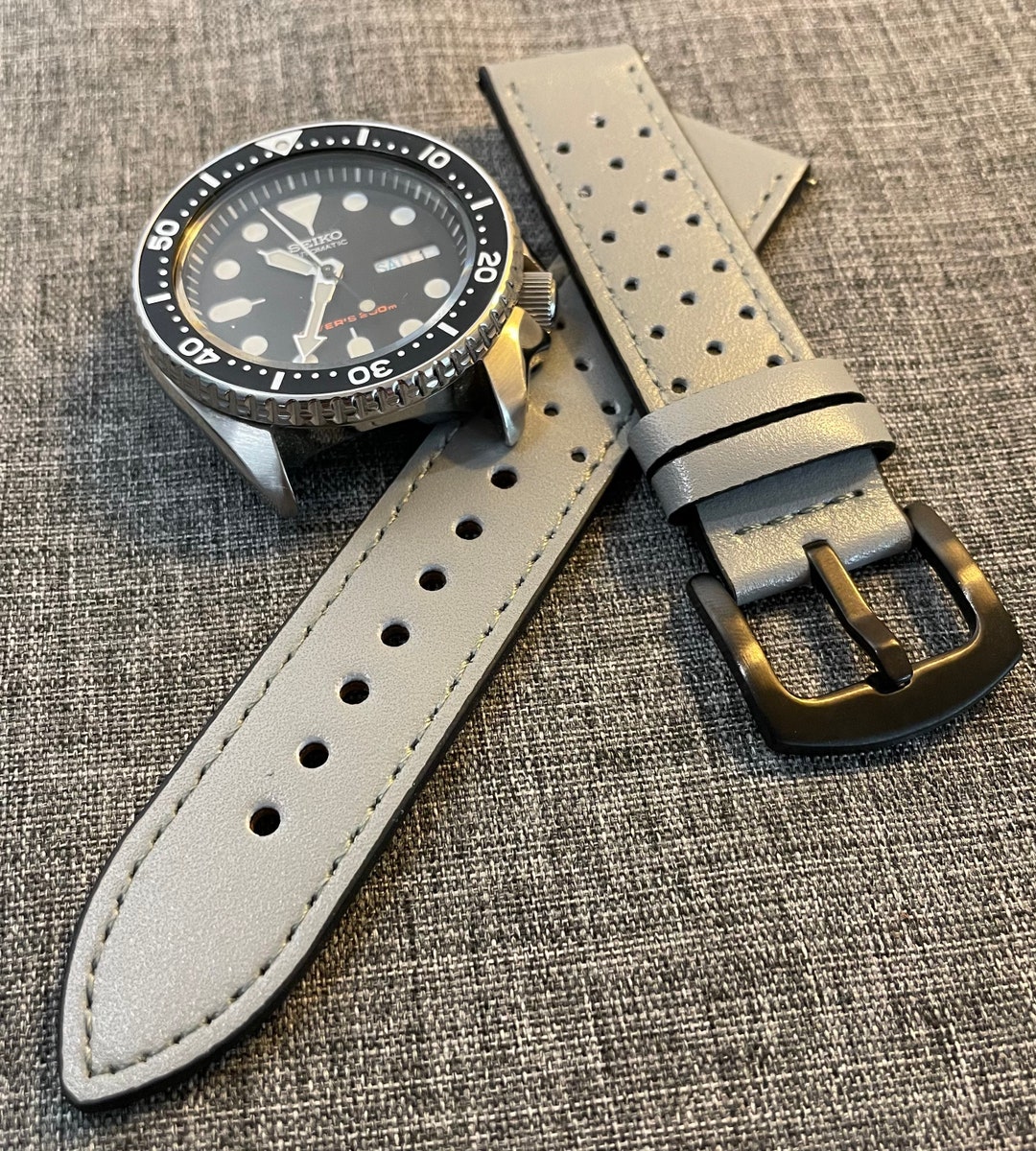 Leather Sports Watch Strap / Dual Colour Grey - Black / PVD Black Steel ...