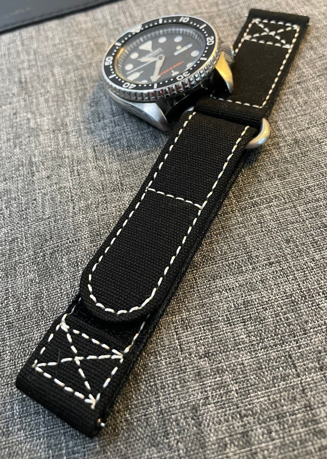 Nylon Sports Watch Strap / Matte Black Beige Stitching / Hook Loop ...