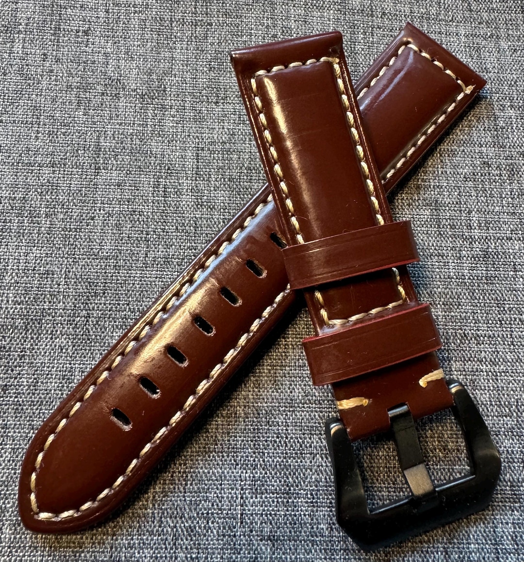 Vegan Leather Watch Strap / Fully Stitched / PVD Steel / Coffee Brown ...