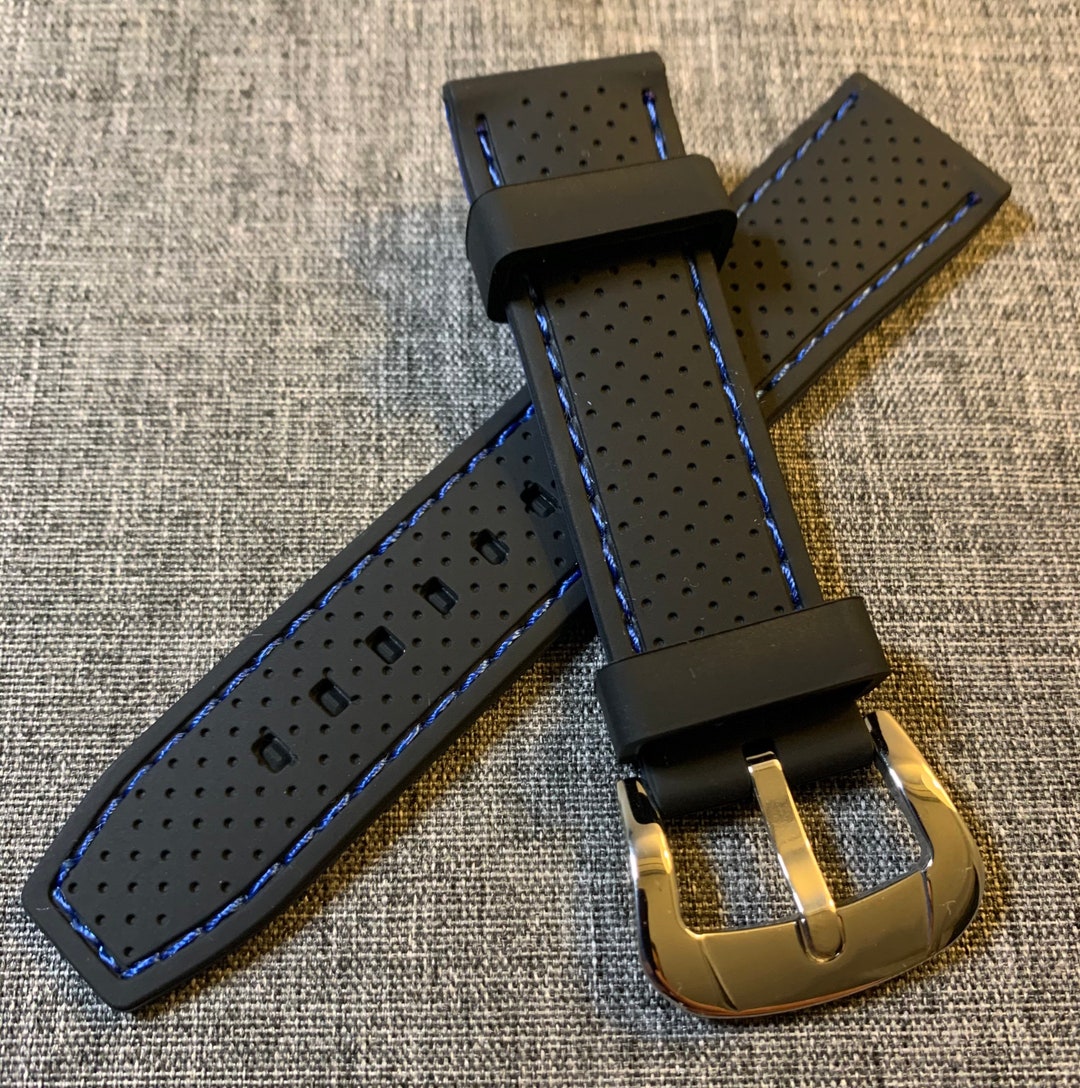 Premium Silicone Sports Watch Strap / Black - Blue Stitching ...