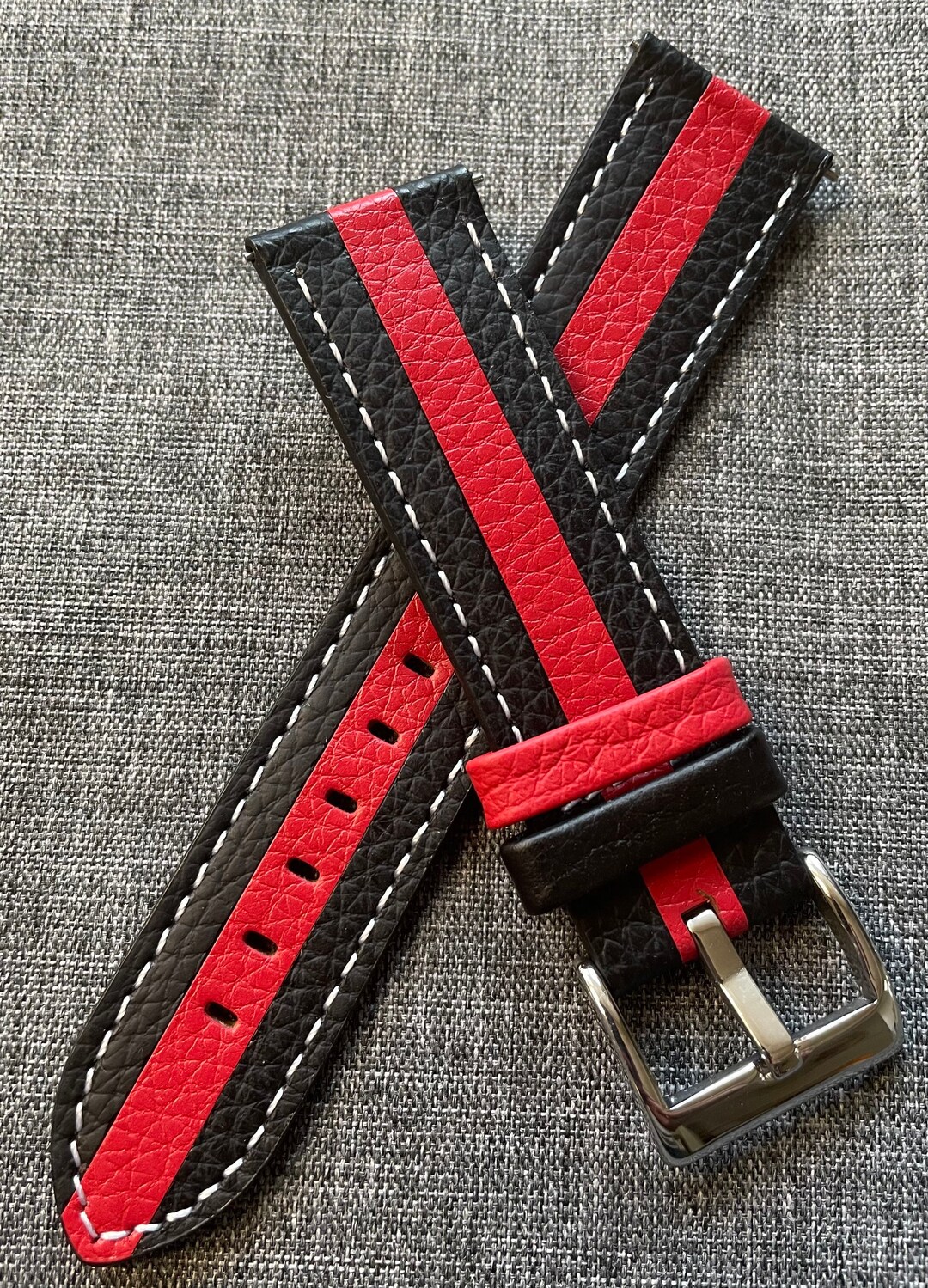 Top Grain Quality Leather / Rally Style Watch Strap / Black Red Stripe ...