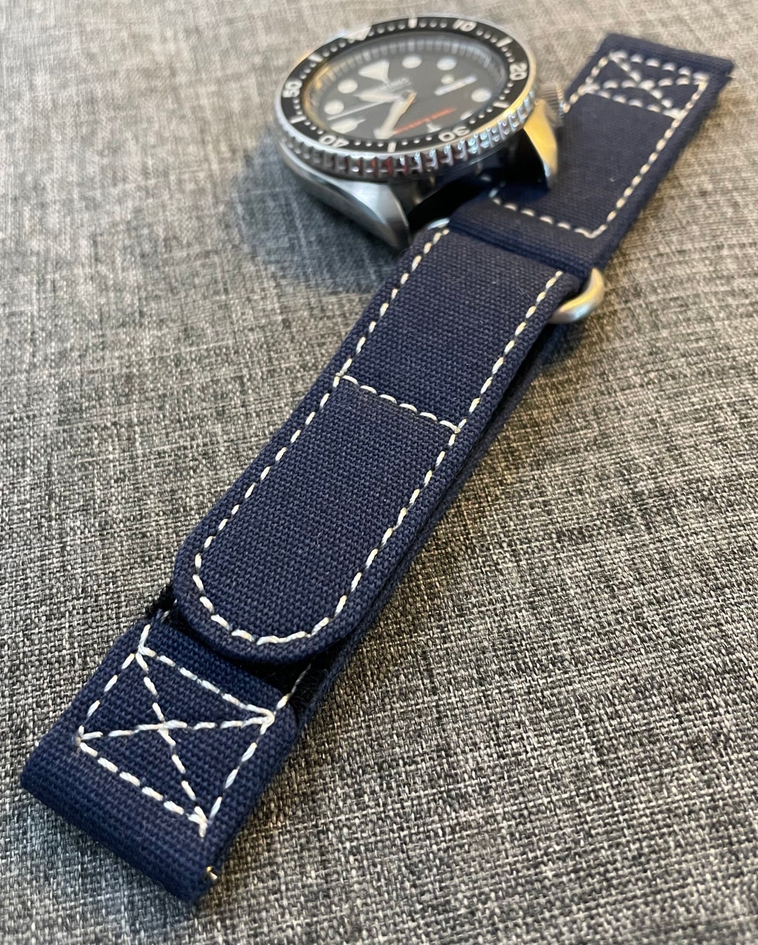 Nylon Sports Watch Strap / Navy Blue With Beige Stitching / Hook Loop ...
