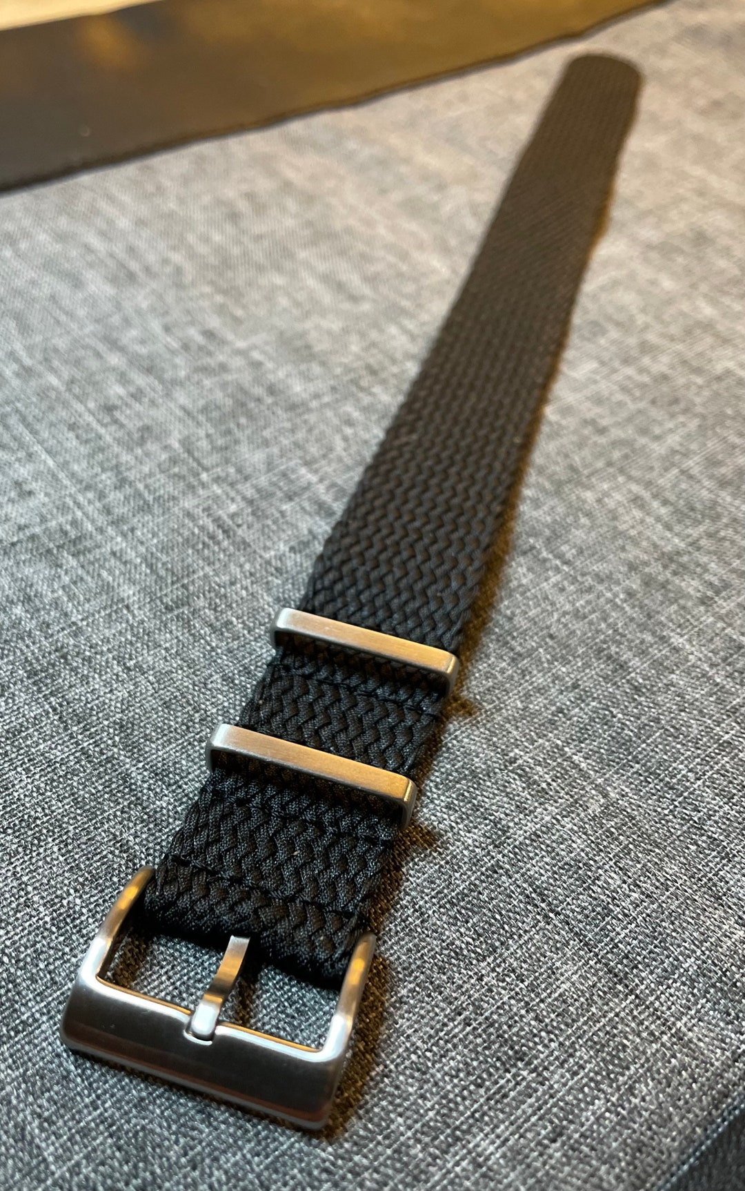 Single Pass Perlon / Quality Watch Strap / Black / Brushed Stainless ...