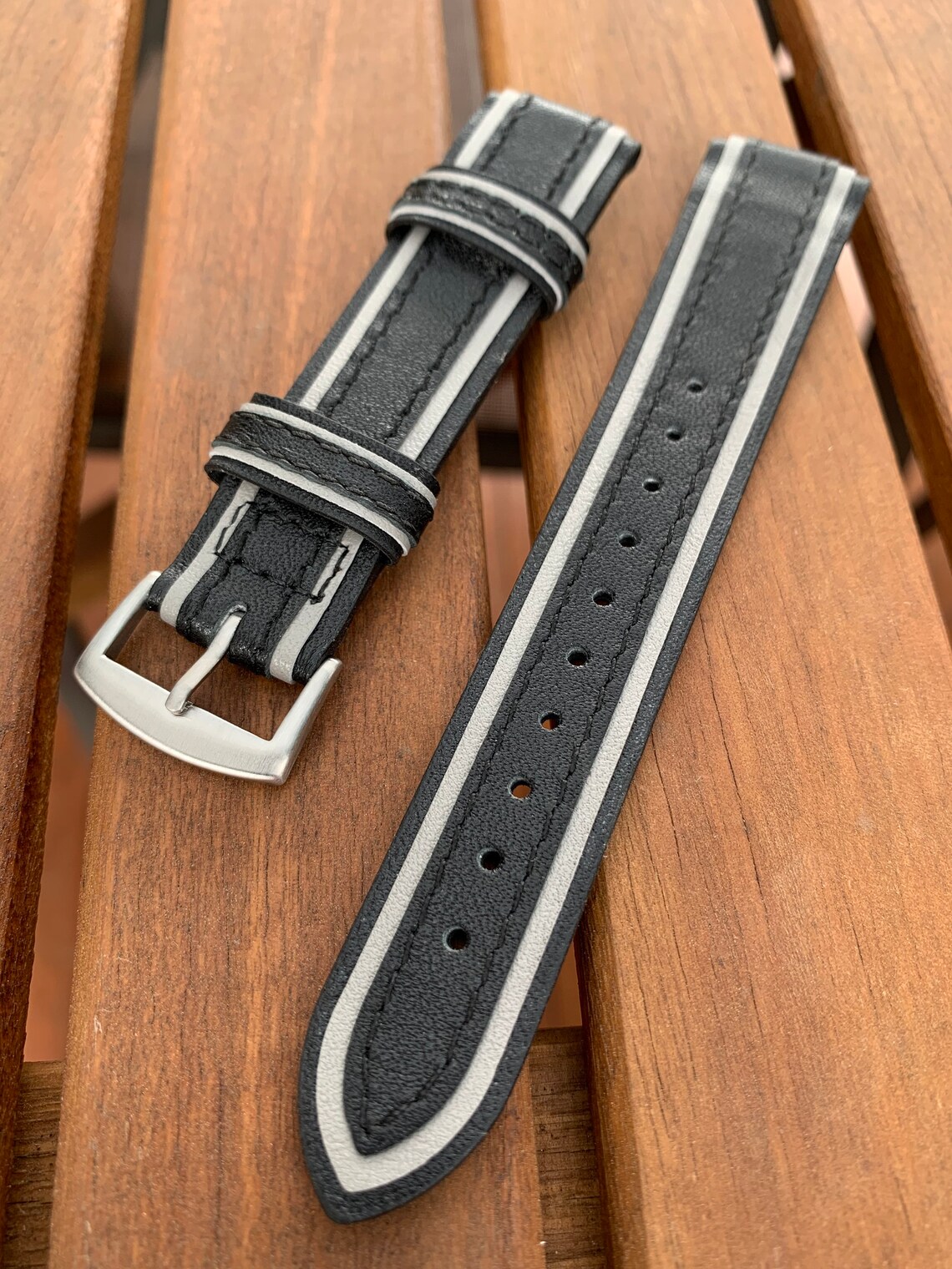 Premium Leather Rally Watch Strap / Black Tri-colour / Stainless Steel ...