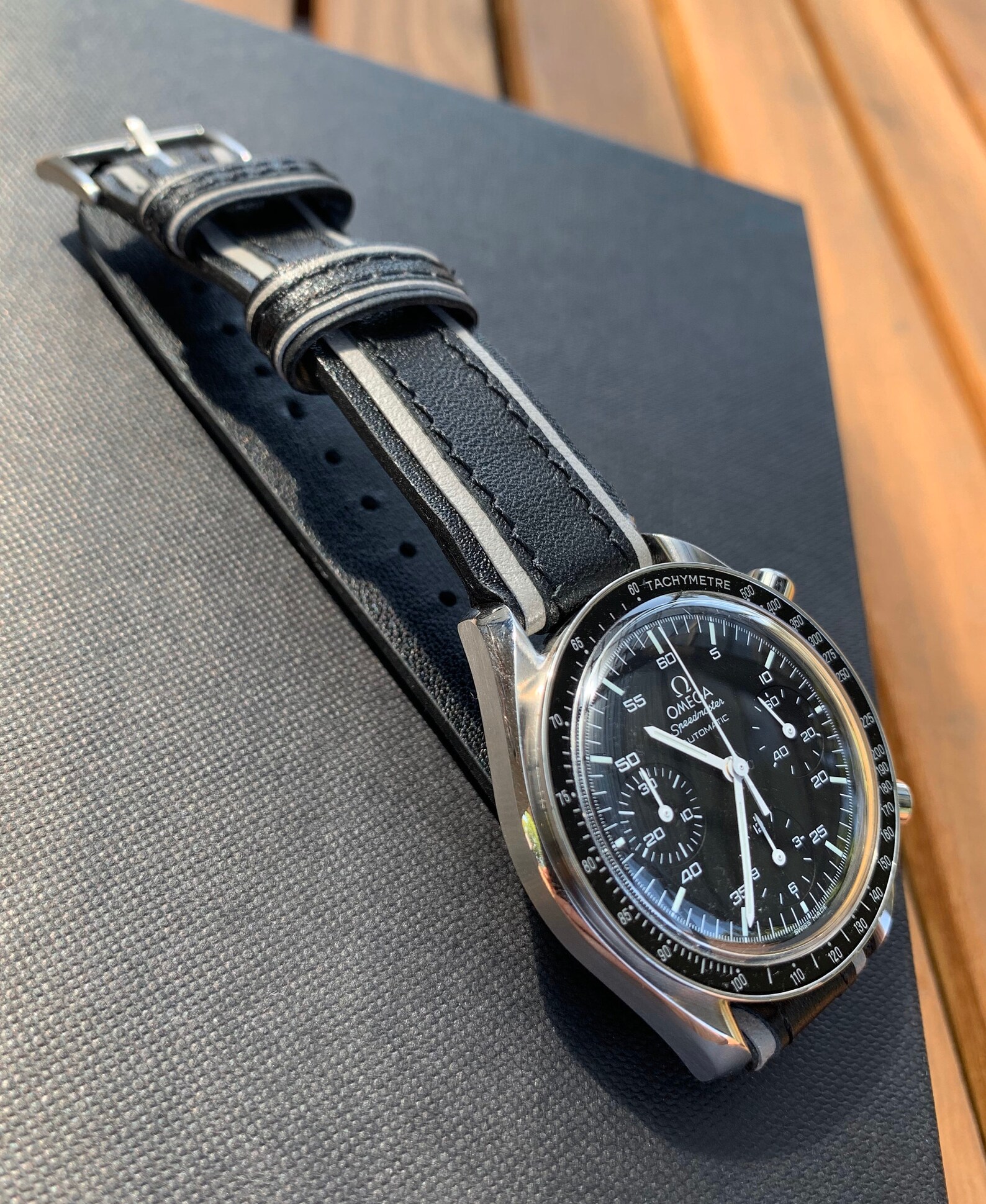 Premium Leather Rally Watch Strap / Black Tri-colour / Stainless Steel ...