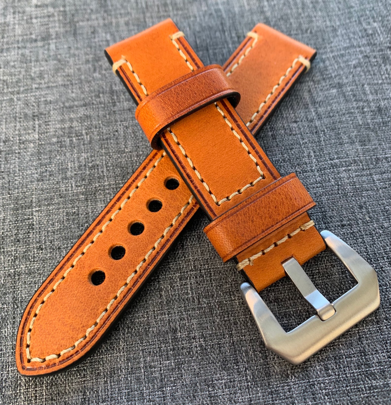 Premium Italian Tanned Leather / Stitched Leather Watch Strap - Burnt ...