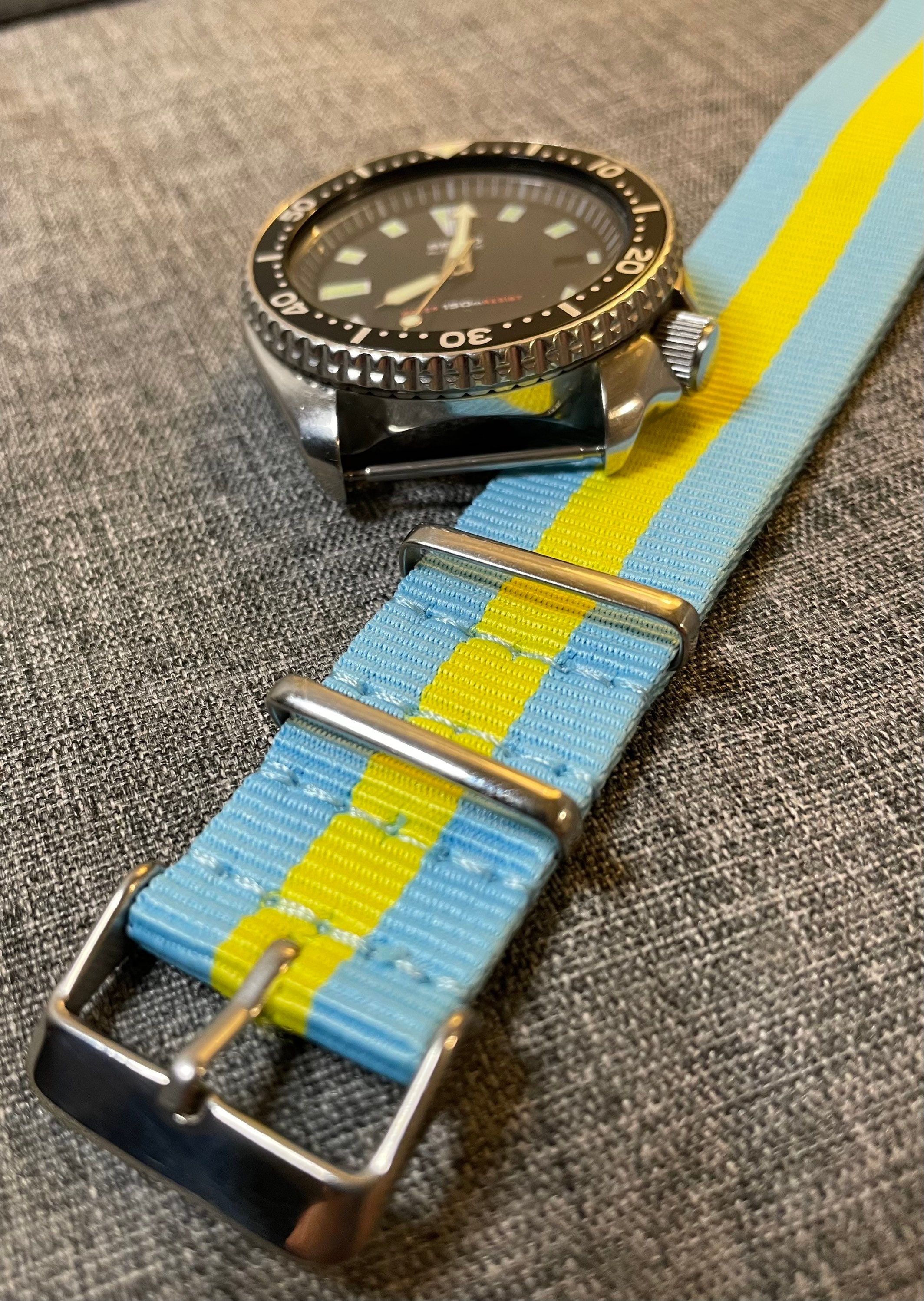 Basic Nylon Military Loop Watch Strap / Sky Blue Yellow Stripe 20mm ...