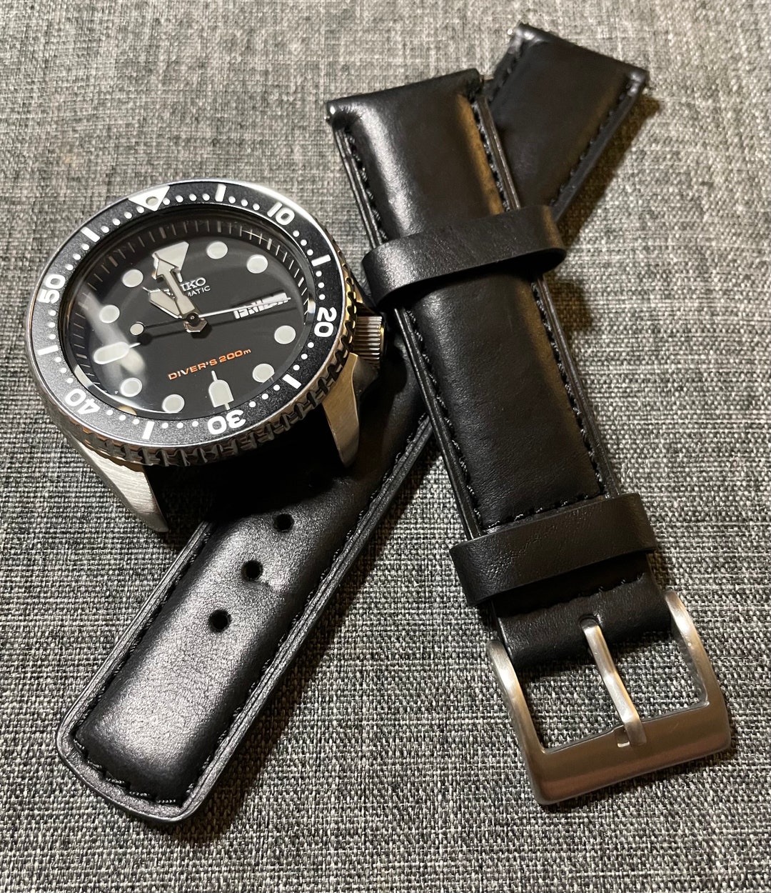 Quality Genuine Leather Watch Strap / Black / Black Stitching / 20mm ...