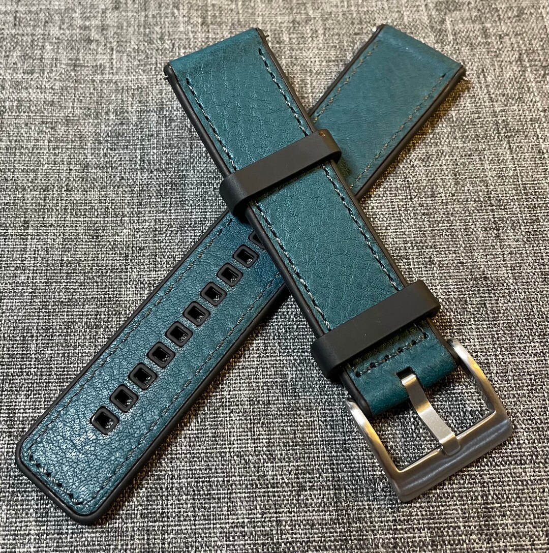 Leather Rubber Hybrid Sports Watch Strap / Blue & Black / 316 Steel 20 ...