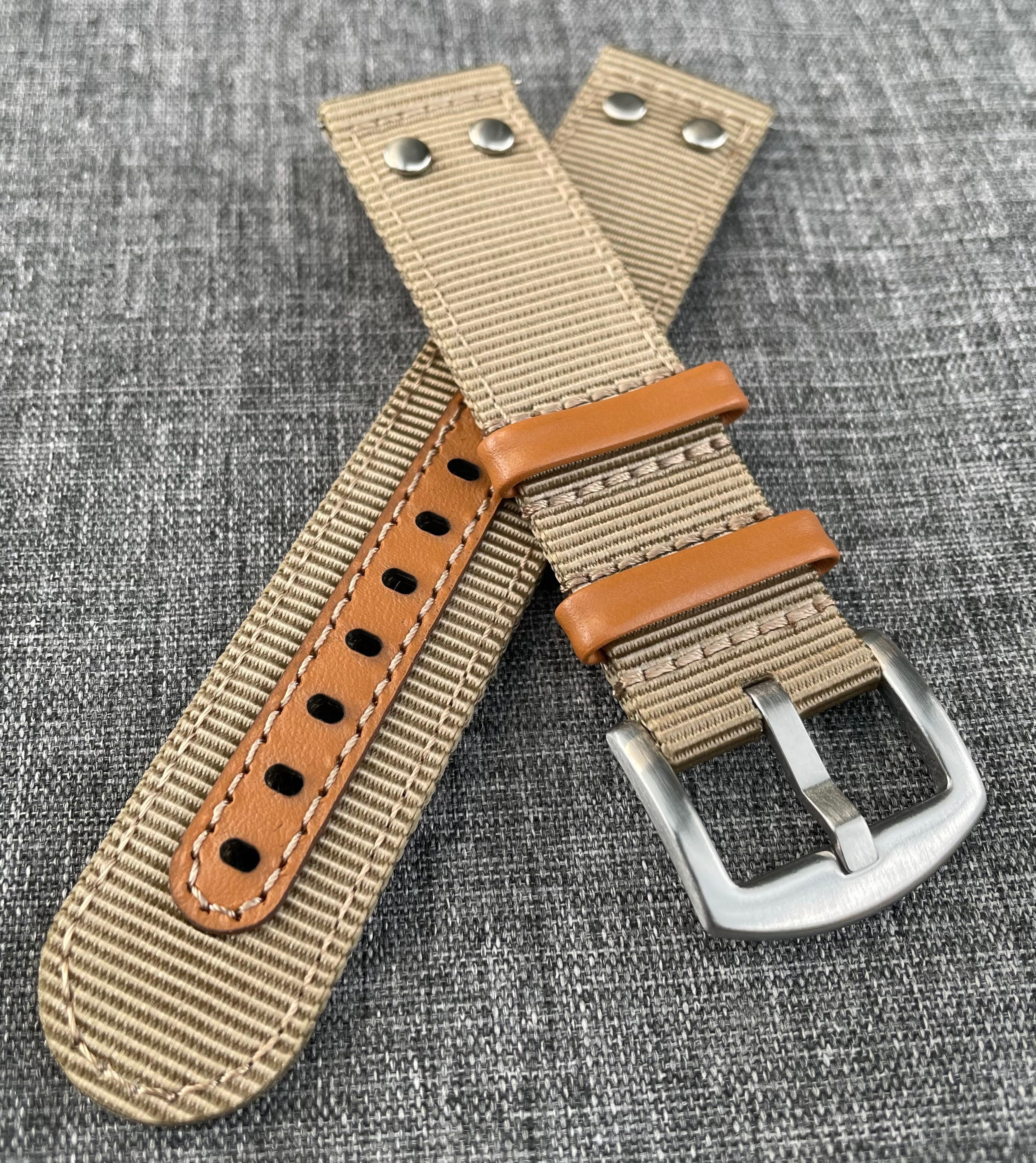 Rivet Pilot Strap / Premium Nylon Leather / Khaki Brown / | Etsy